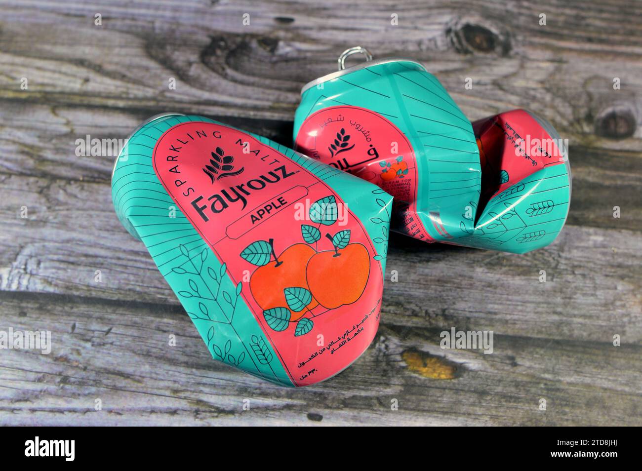 Cairo, Egypt, December 13 2023: Crushed dented Fayrouz Apple malt drink ...