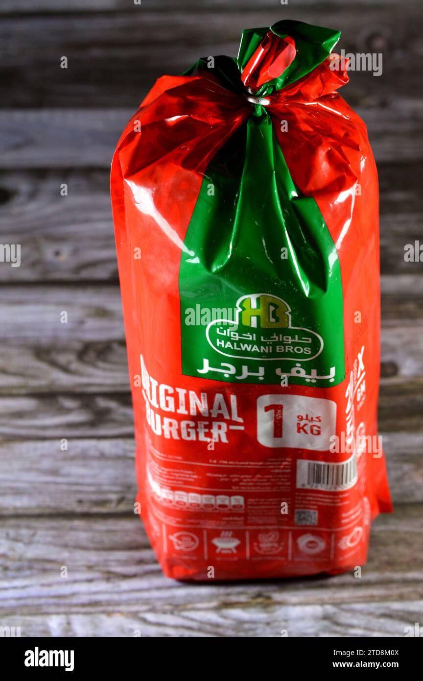 Cairo, Egypt, December 15 2023: Halwani Bros beef burger Haalwani ...