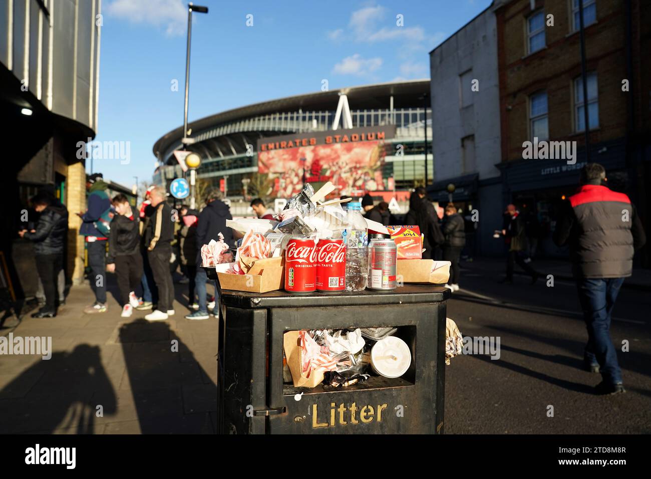 An overflowing litter bin outside the ground before the Premier League ...