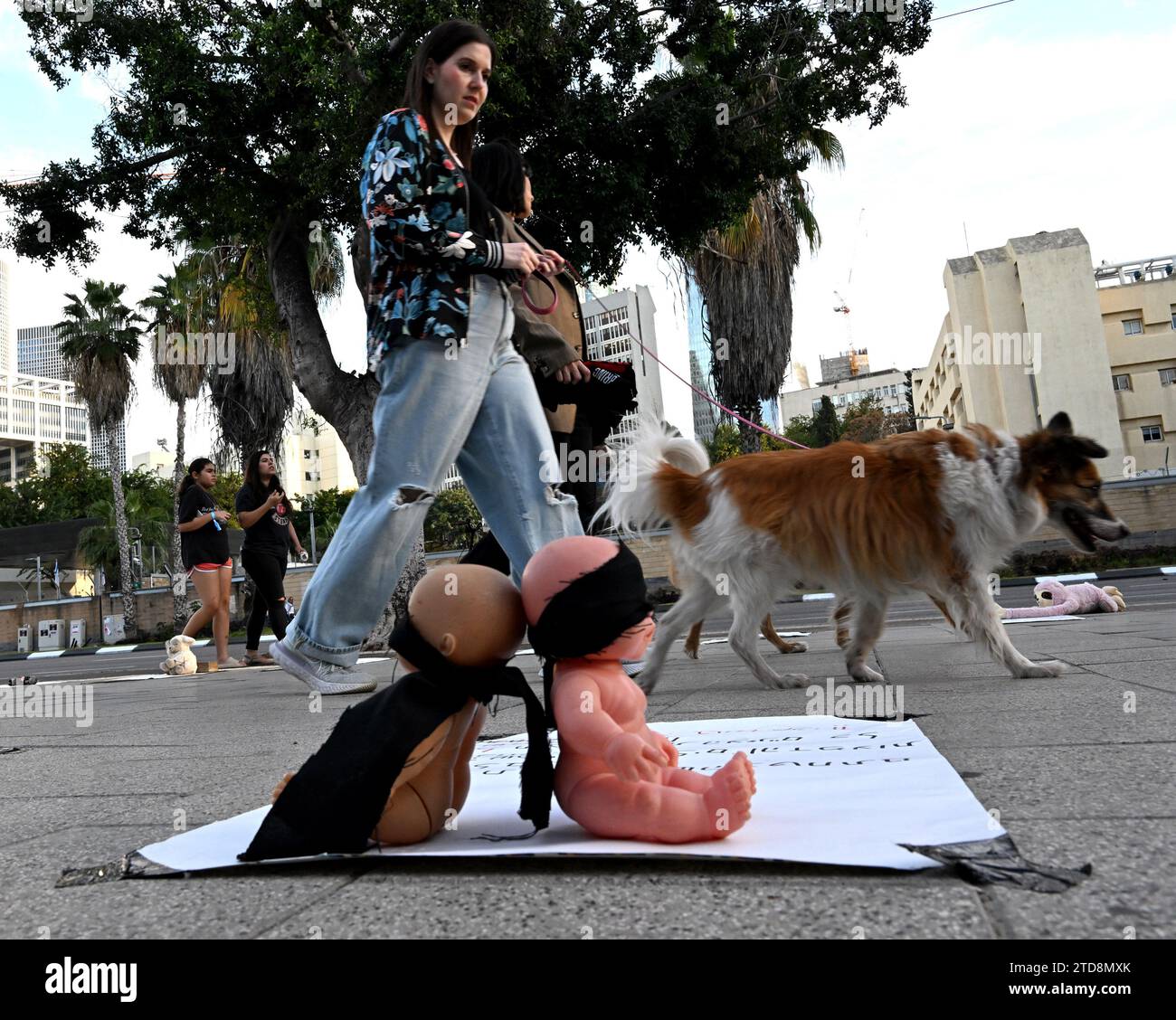 Tel Aviv, Israel. 16th Dec, 2023. A woman walk a dog past an exhibition ...