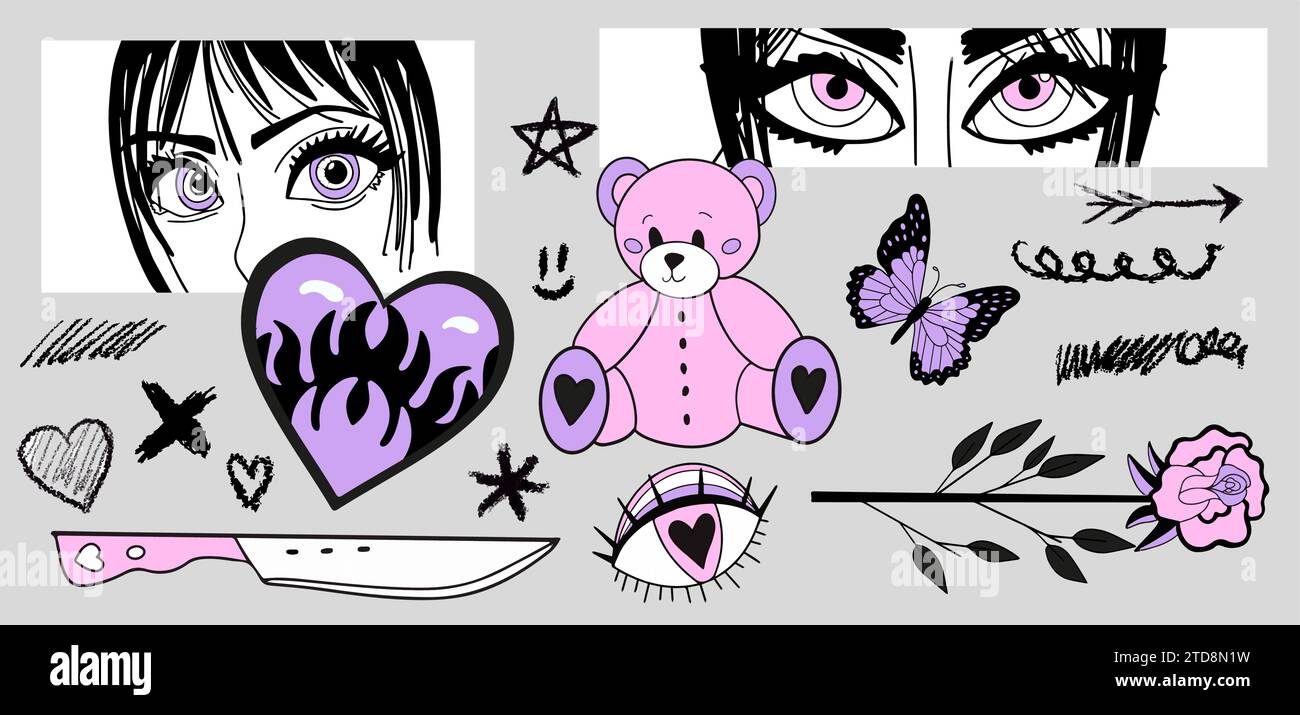 Set of y2k pink girly clipart. anime girls, ram head, heart manga retro ...