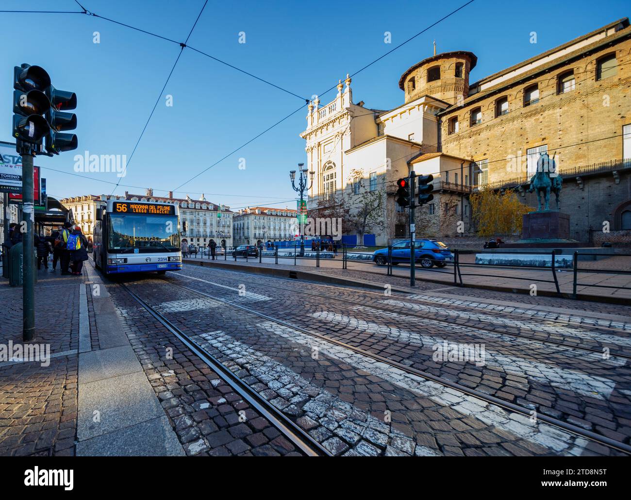 Turin, Piedmont, Italy - December 15, 2023: Bus stop in Piazza Castello ...