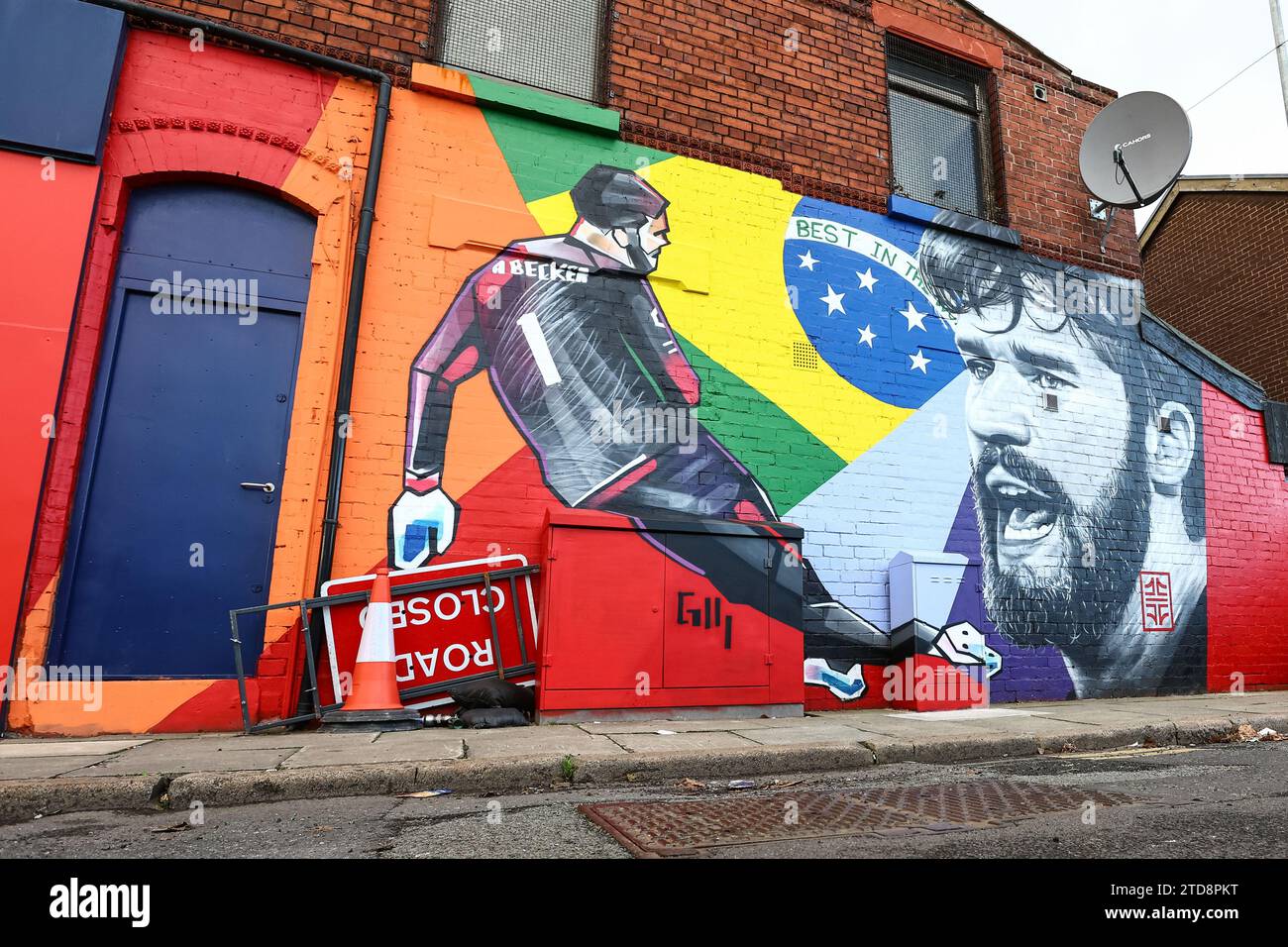Alisson Becker of Liverpool mural near Anfield during the Premier ...