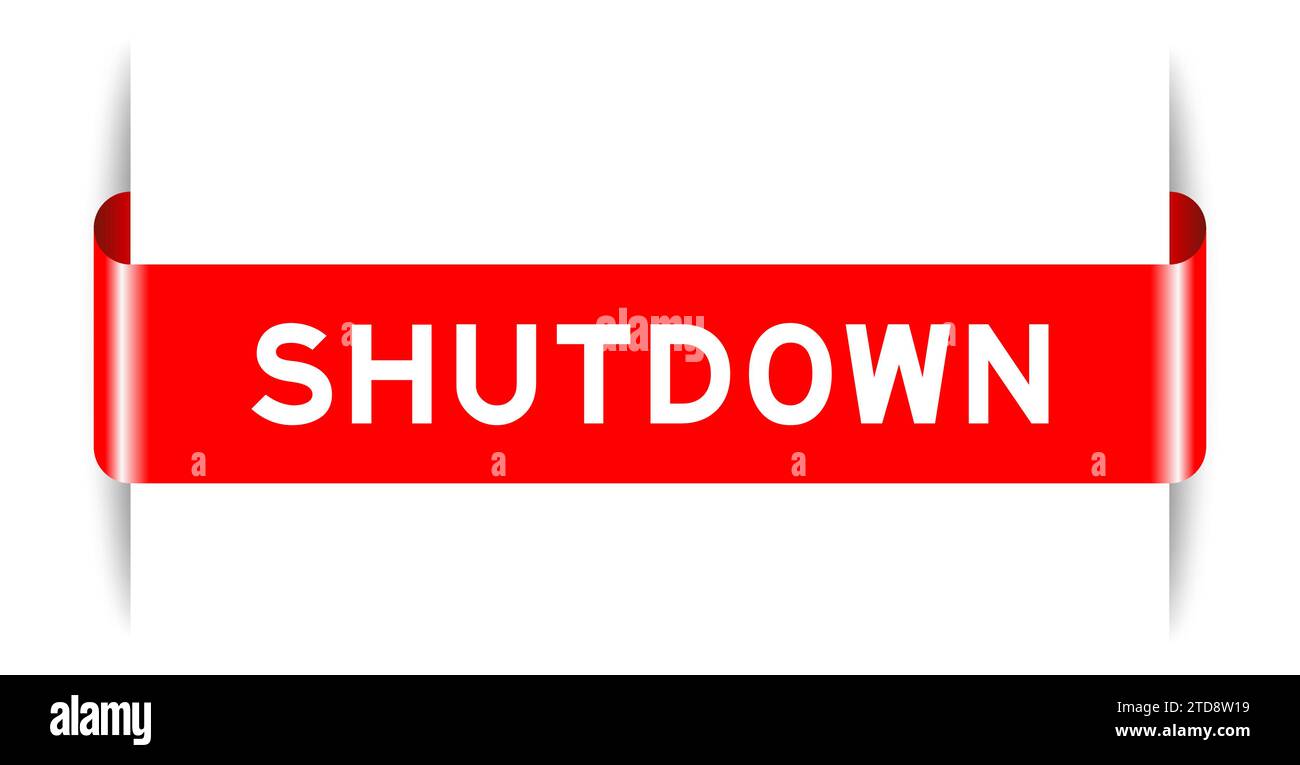 Red color inserted label banner with word shutdown on white background ...