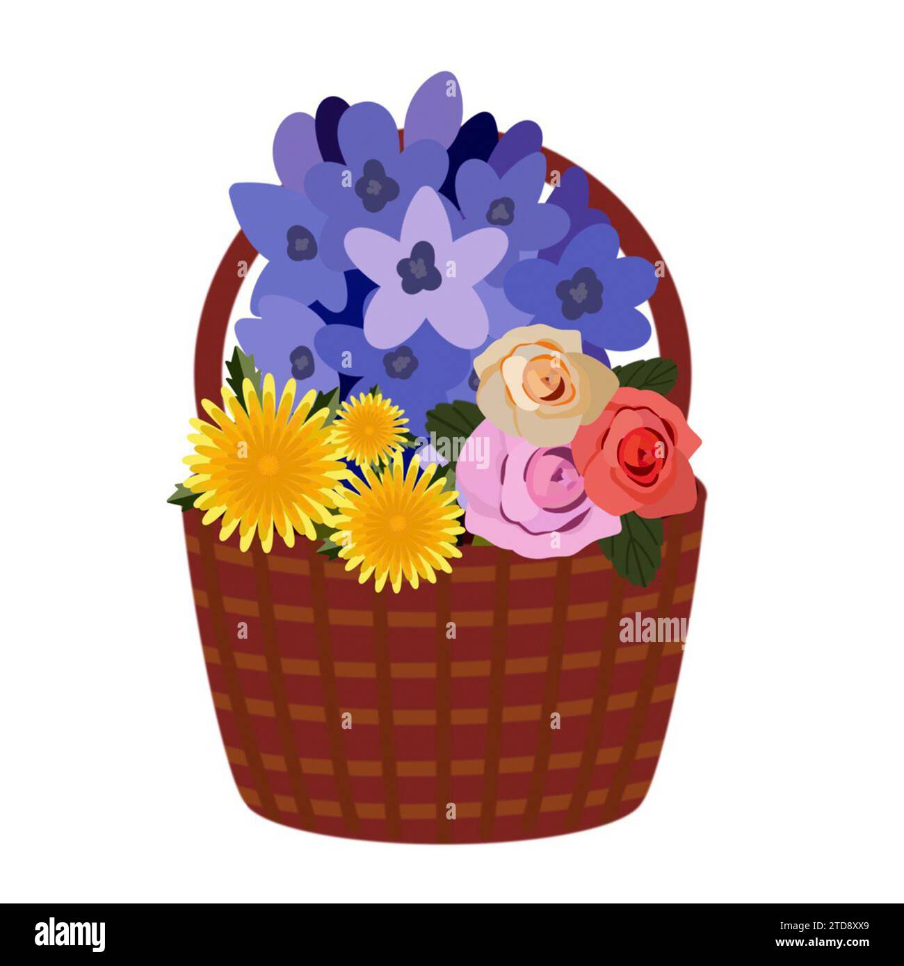 brown basket with spring flowers hand-painted illustration in a ...