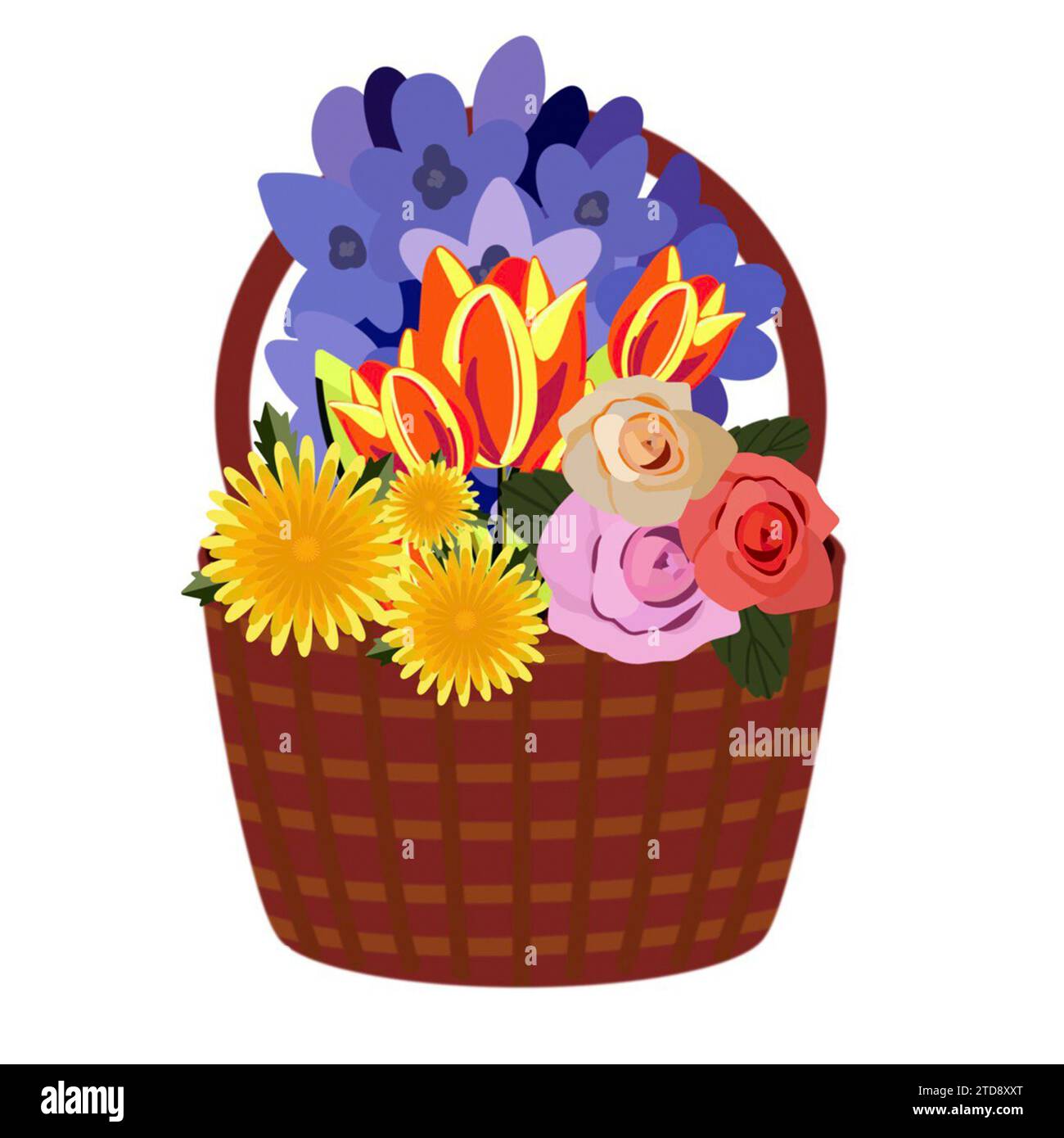brown basket with spring flowers hand-painted illustration in a ...