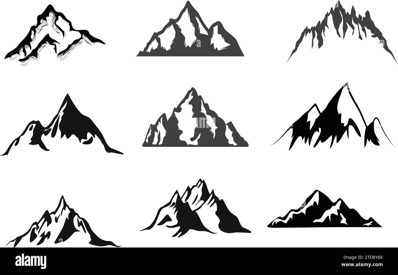 Vector illustration set of simple mountain line icon, silhouette peak ...