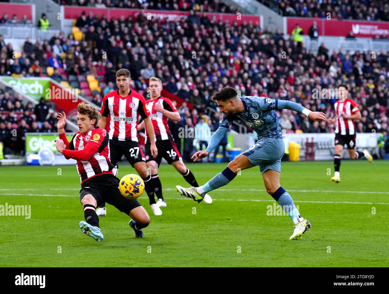 Aston Villa's Alex Moreno attempts a shot on goal during the Premier ...