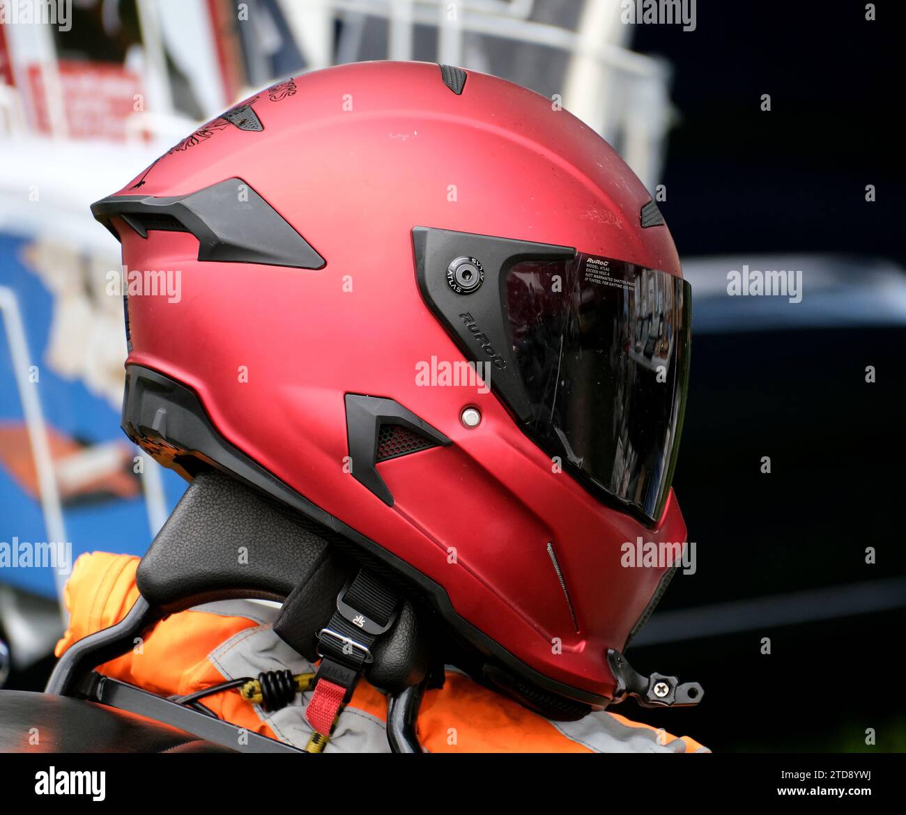 Modern bikers safety helmets at outdoor bike club show Stock Photo - Alamy