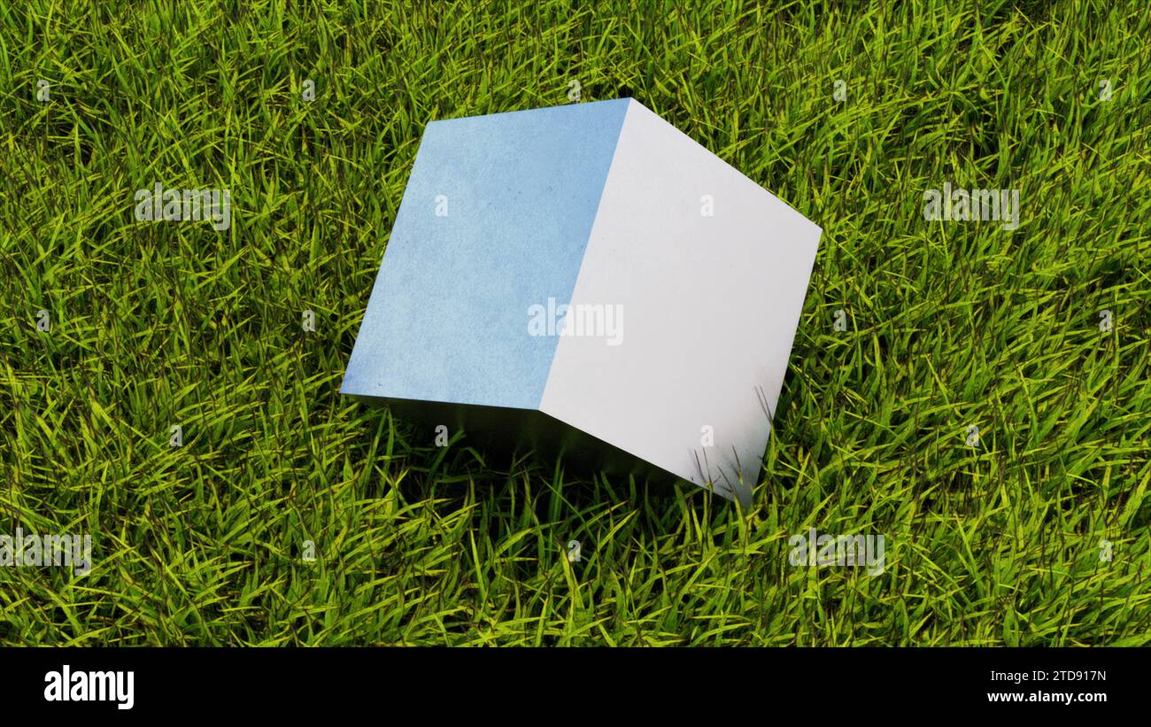 Metal cube in grass. Computer generated 3d render Stock Photo - Alamy