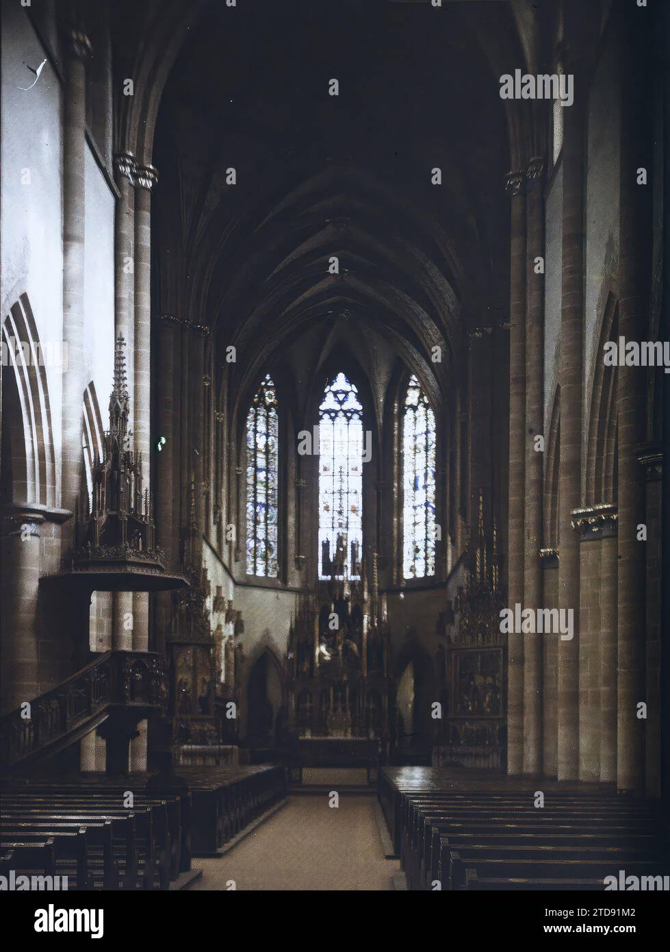 Church interior view altar decorative arts stained glass middle hi-res ...