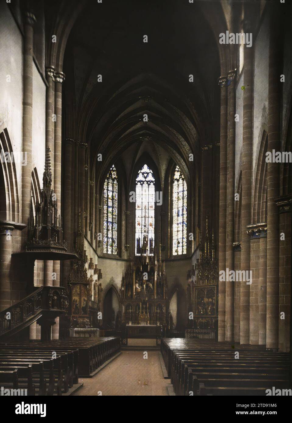 Church interior view altar decorative arts stained glass middle hi-res ...