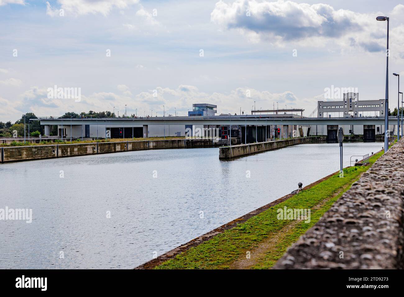 Canal towards Lanaye lock complex with closed floodgates, Albert canal ...