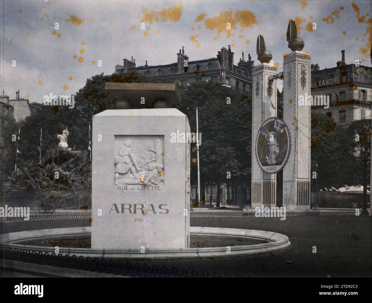 Paris (8th arrondissement), France Decorations and cannons displayed on the Champs-Elysées ...