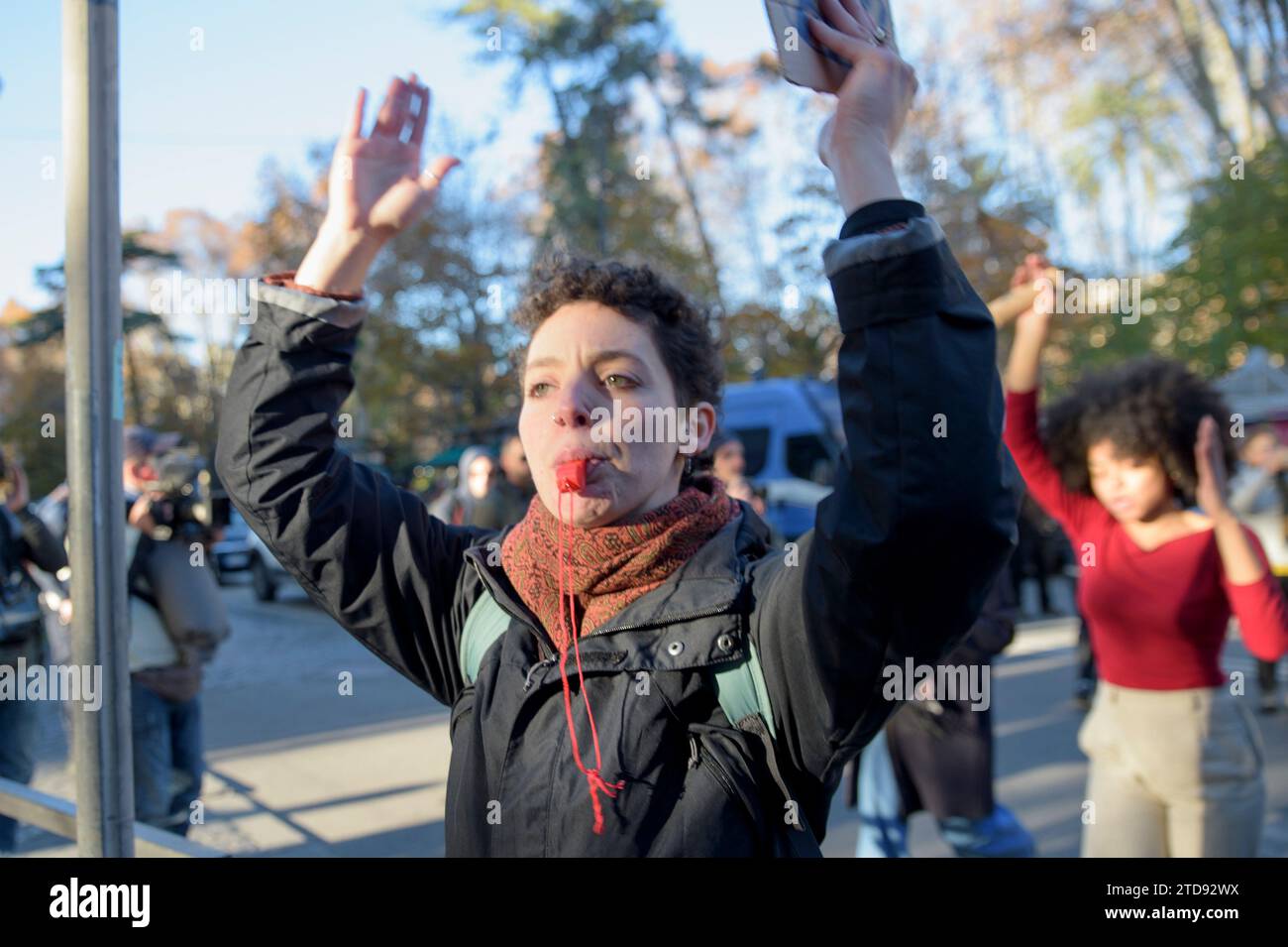 Rome, Italy. 16th Dec, 2023. A young activist with the whistle during ...