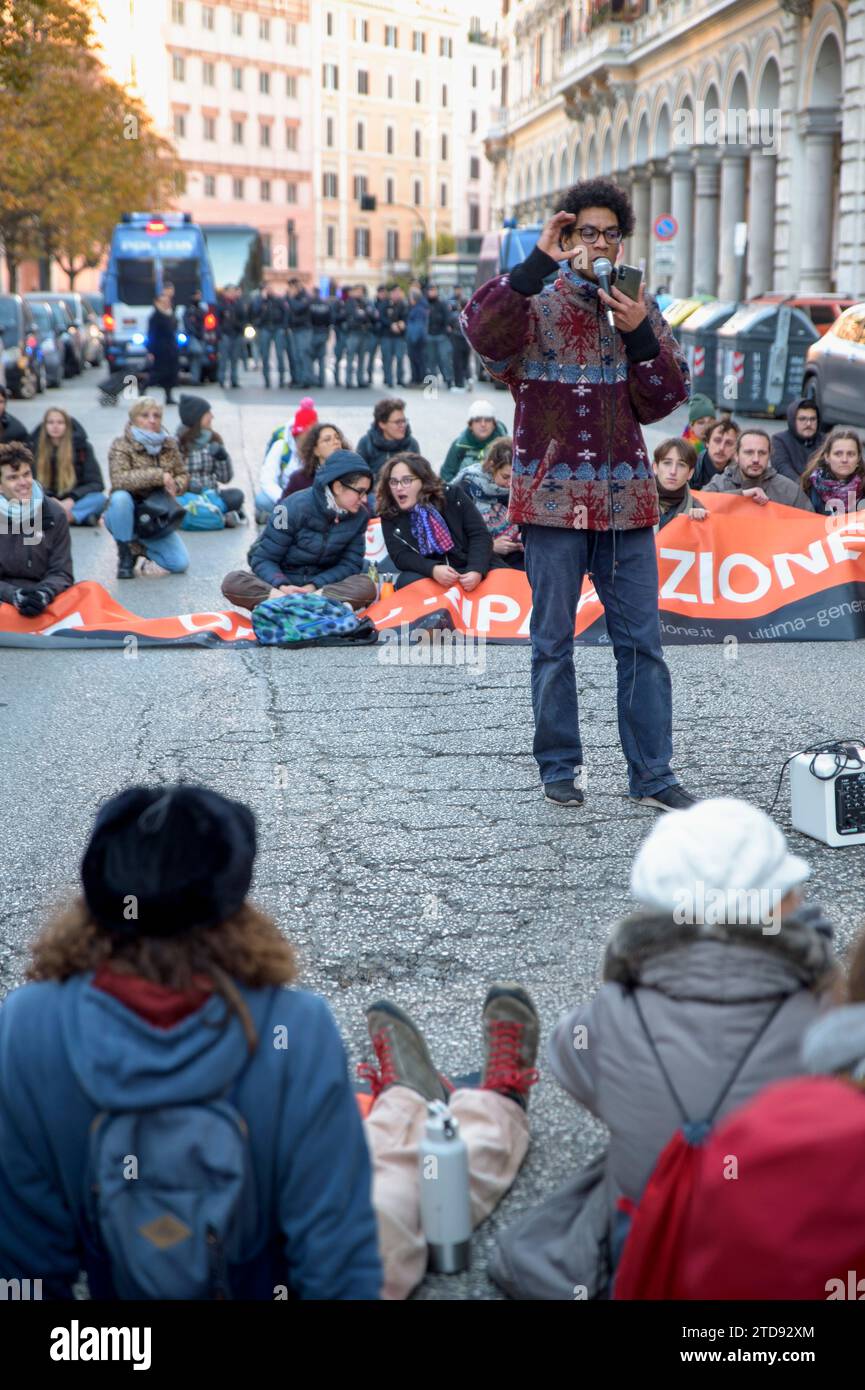 Rome, Italy. 16th Dec, 2023. Environmental activists occupy the road ...