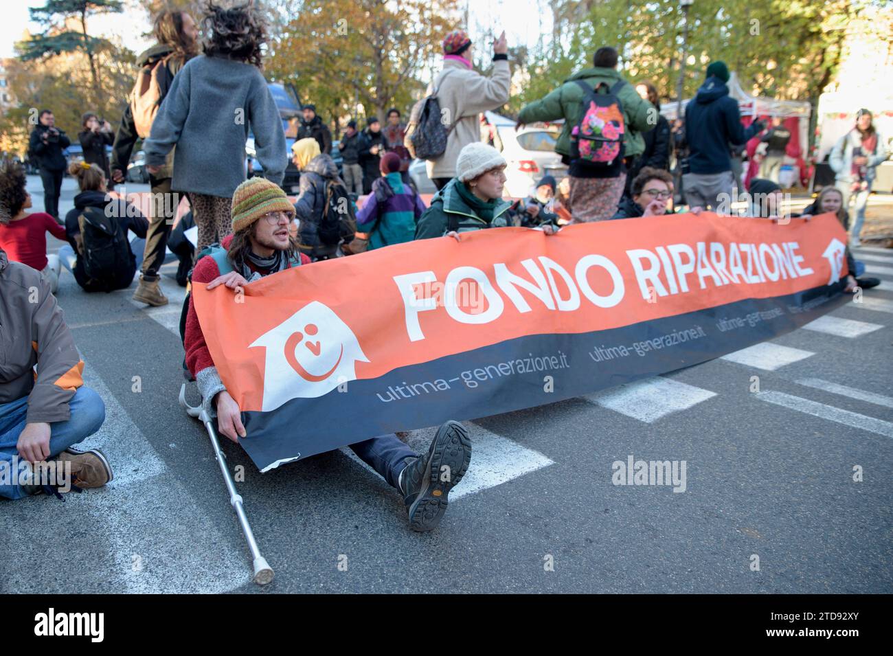 Rome, Italy. 16th Dec, 2023. Environmental activists occupy the road ...