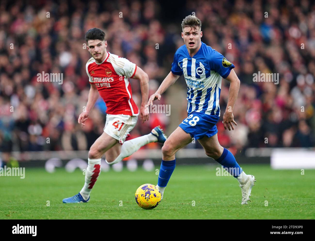 Arsenal's Declan Rice (left) and Brighton and Hove Albion's Evan ...