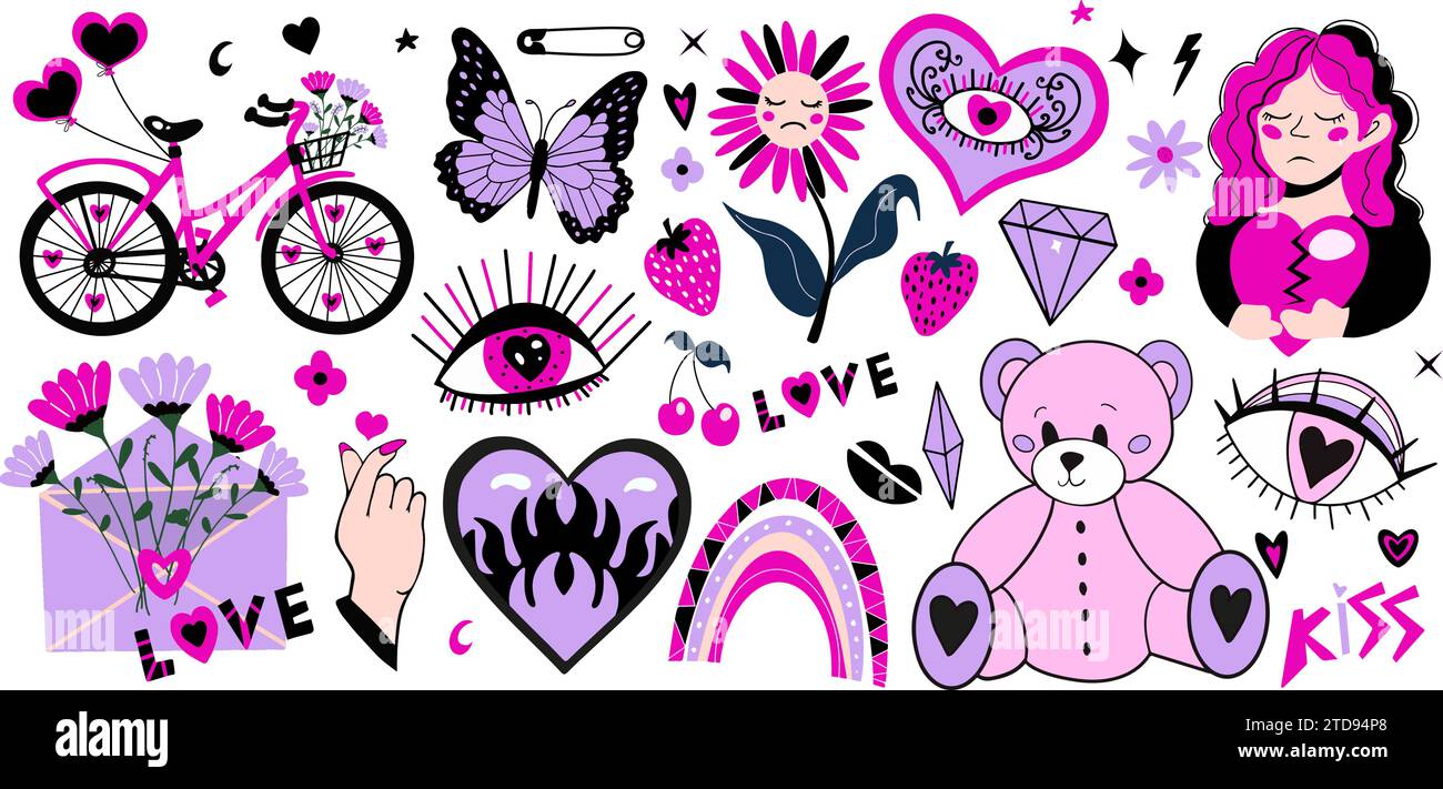Set of y2k pink girly clipart. emo sad girls in love, heart, letter ...