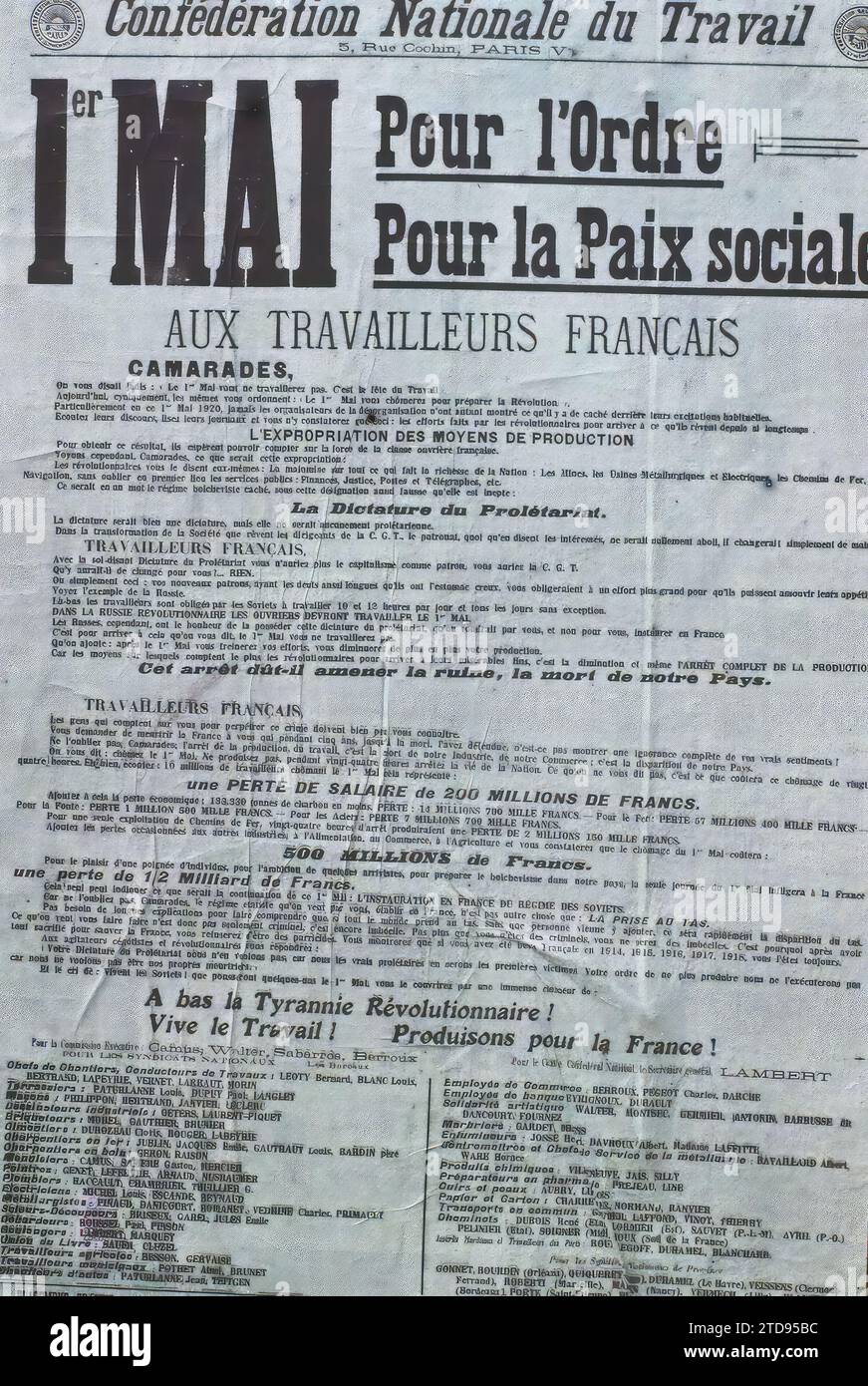 Paris, France Poster of the National Confederation of Labor 'For order ...