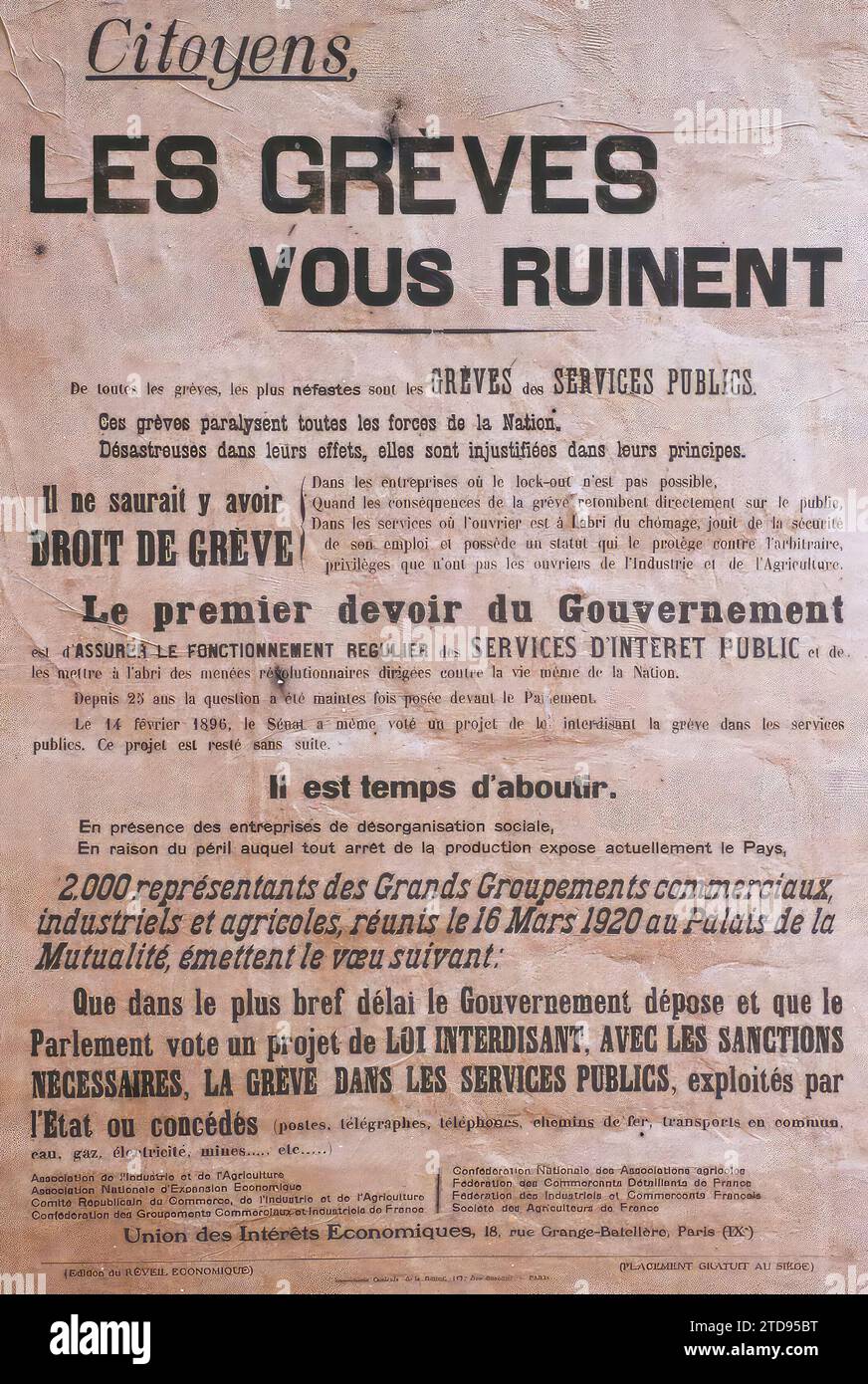 Paris, France Poster of the Union of Economic Interests for the ban on ...