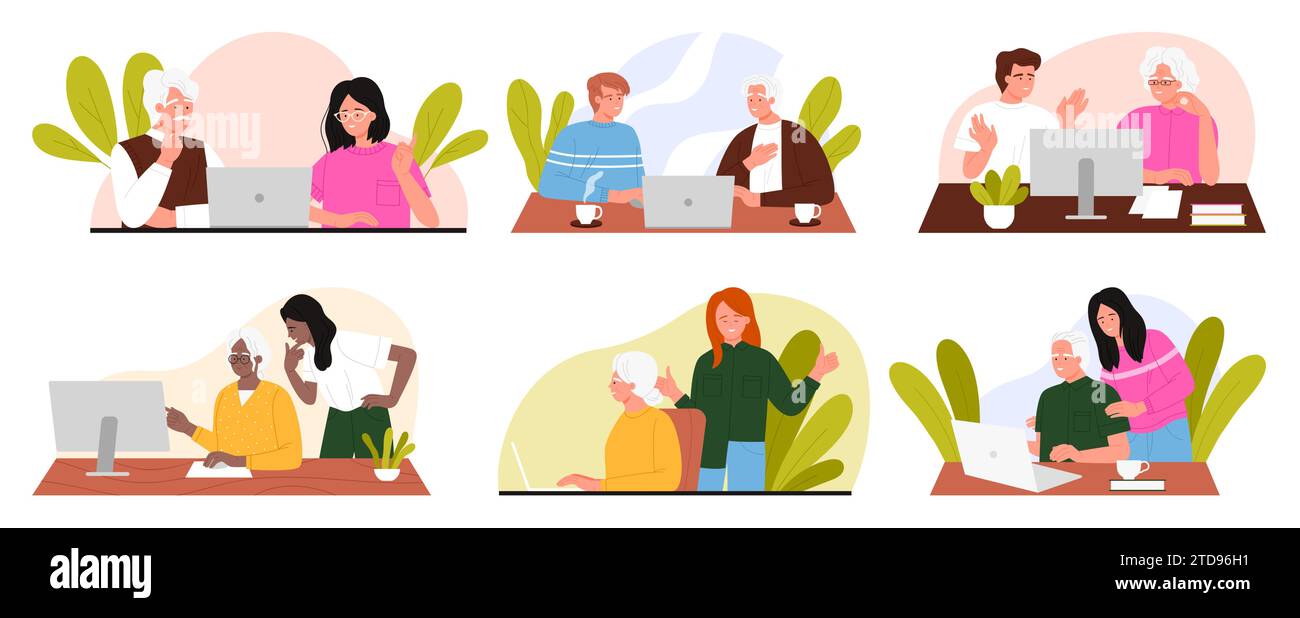 Young people help and teach old people work on computer set vector ...