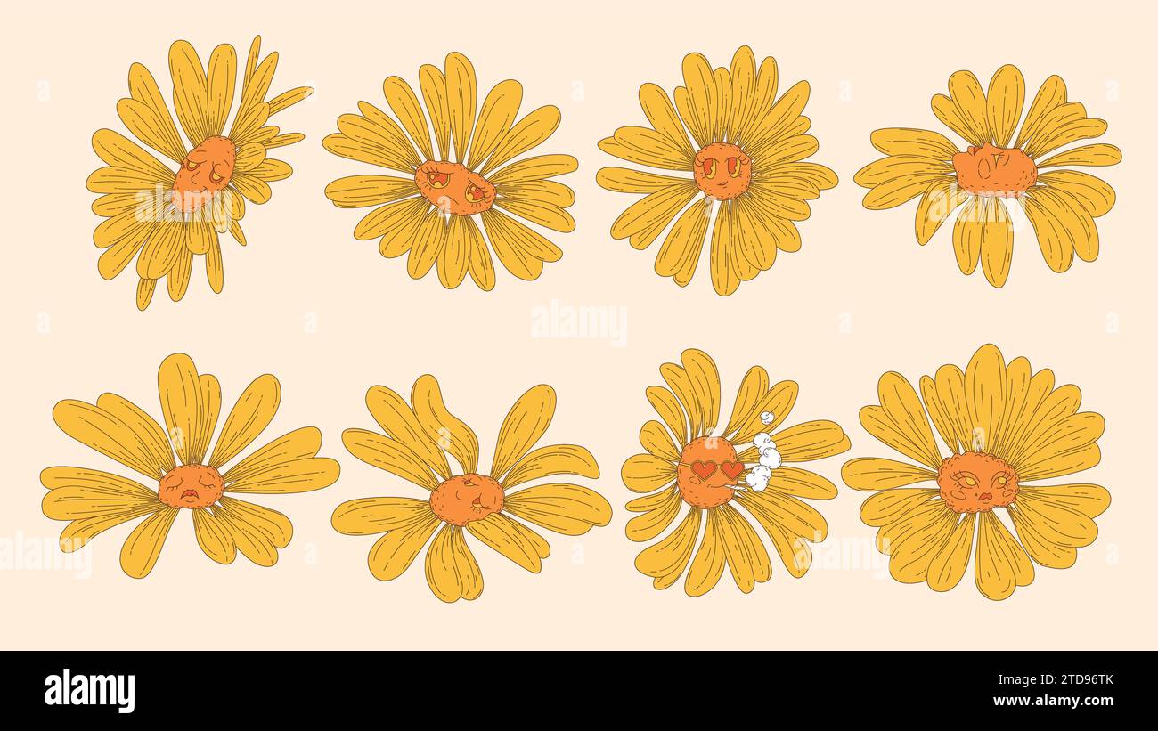 Psychedelic flower characters set. Retro comic doodle collection of ...