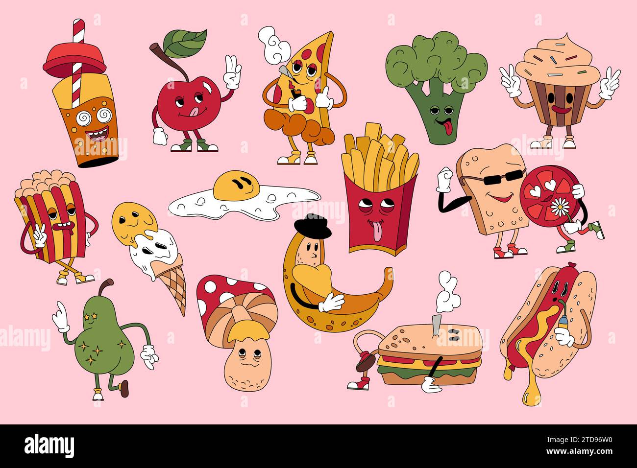 Groovy food set. Funny takeaway fastfood, dessert and breakfast menu ...