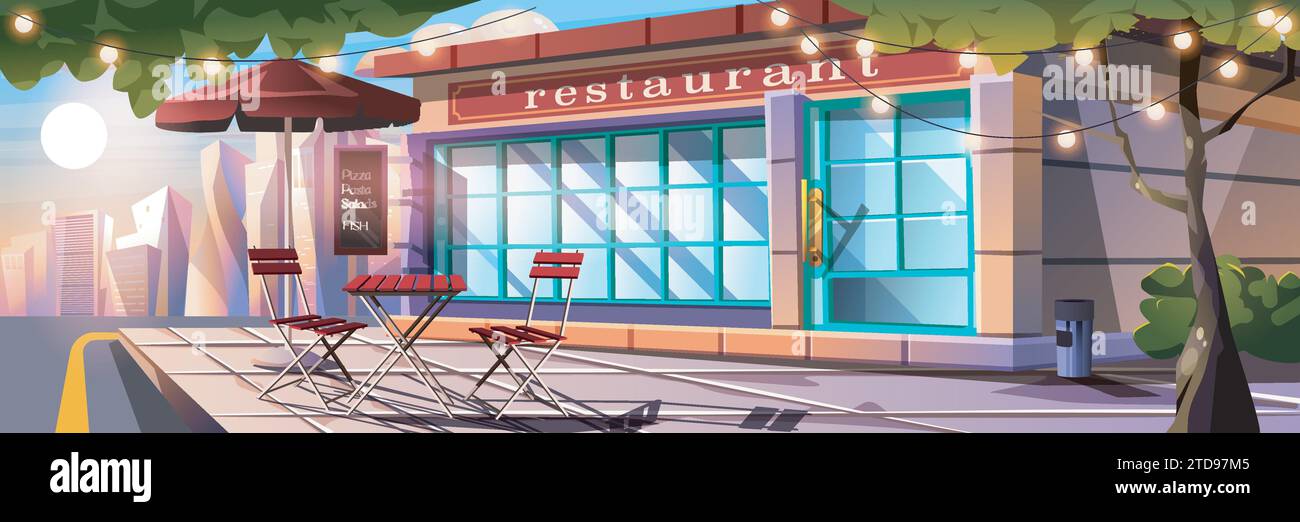 Restaurant facade background banner in flat cartoon design. Street ...