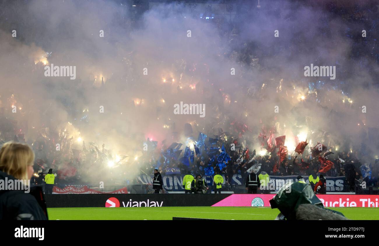 Rangers fans set off smoke flares in the stands during the Viaplay Cup ...