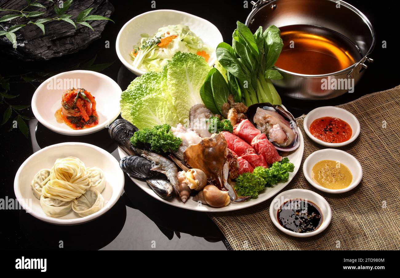 Ingredients for shabu-shabu cooking on a black background Stock Photo ...