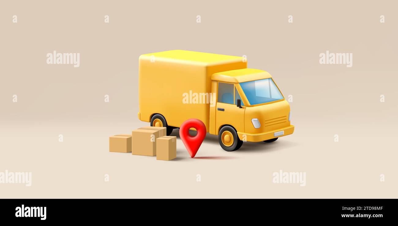 Yellow delivery truck with carton boxes and red pin geo tag icon, 3d ...