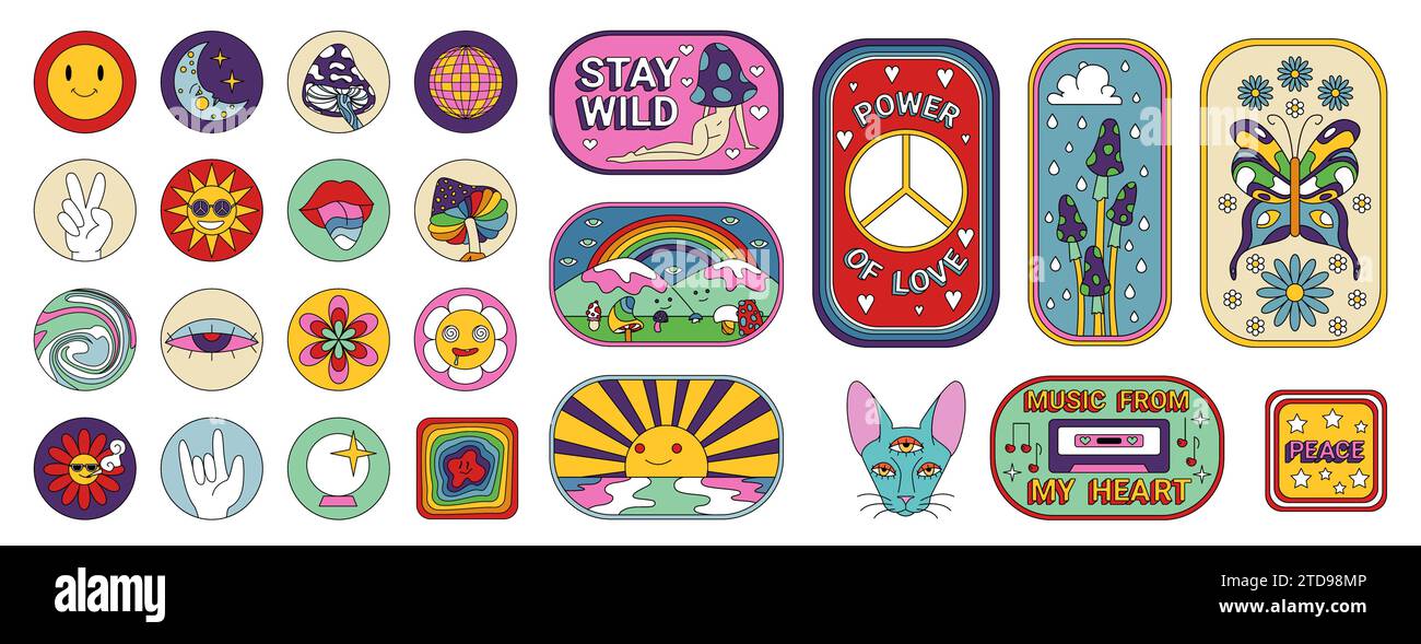 Groovy psychedelic stickers set. Retro funky patches of different ...