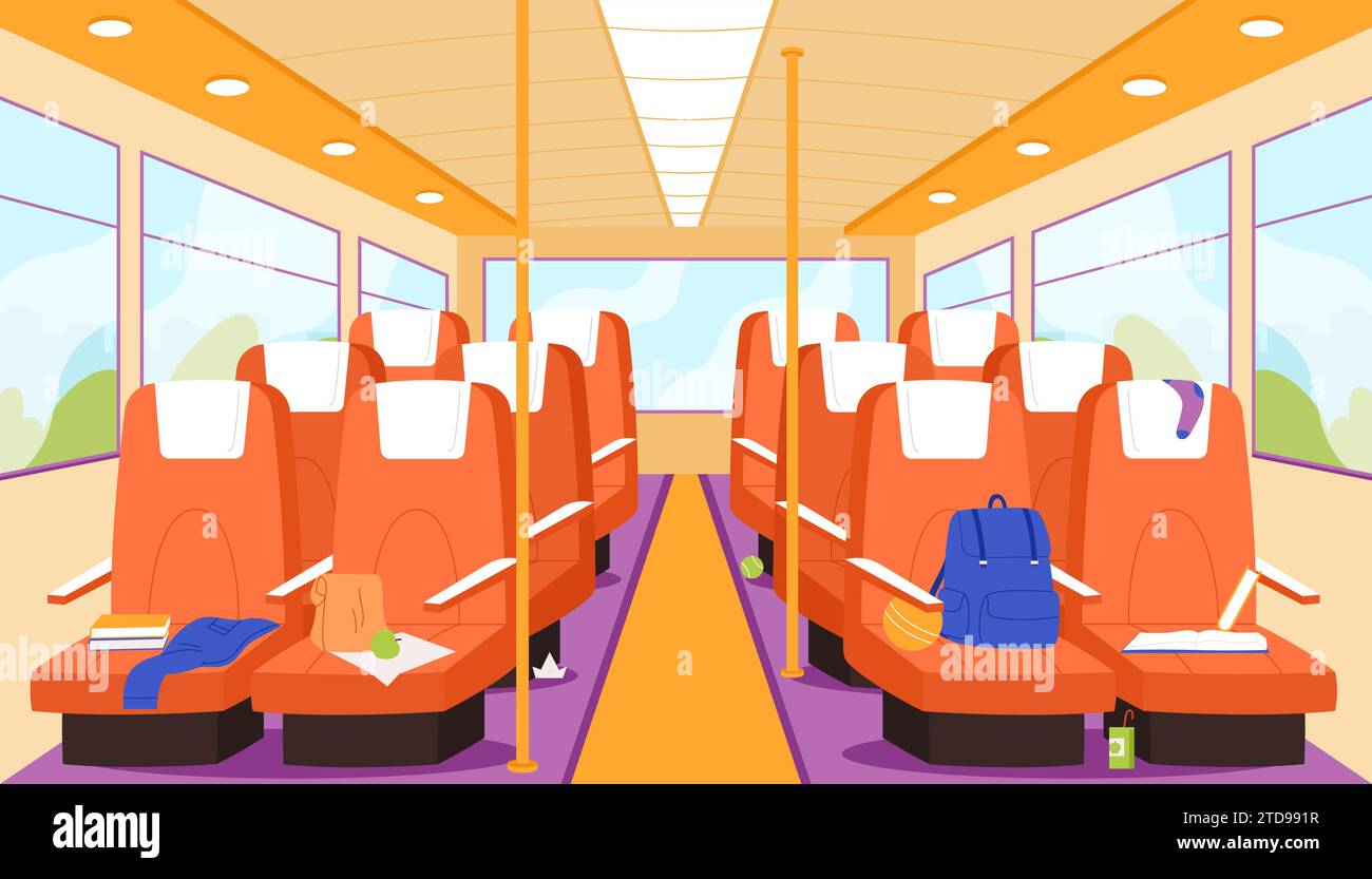 Empty school bus inside, interior of public city transport with seats ...