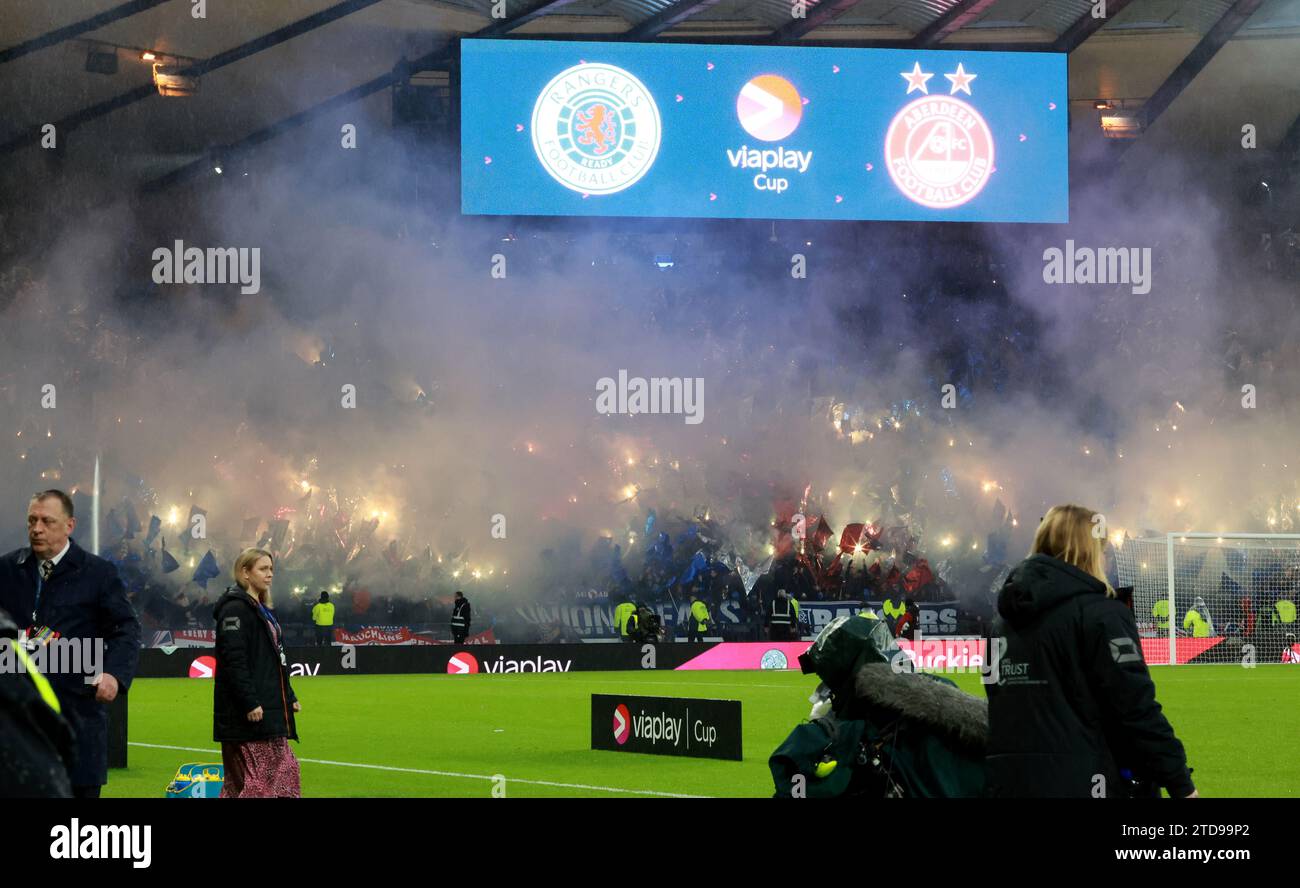 Rangers fans set off smoke flares in the stands during the Viaplay Cup ...