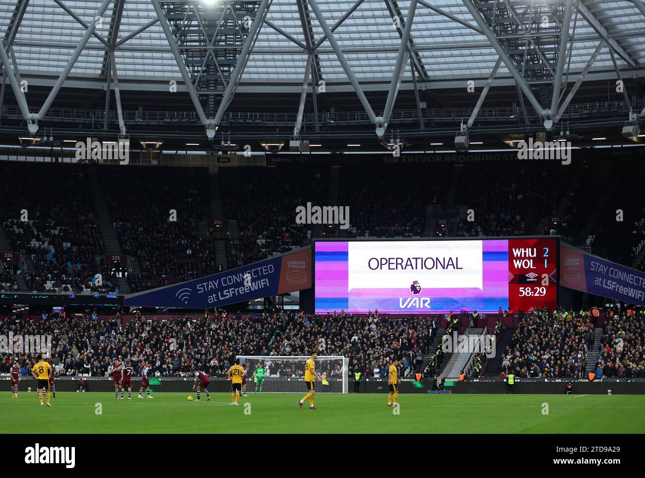 The big screen confirms a VAR check is in progress during the Premier ...