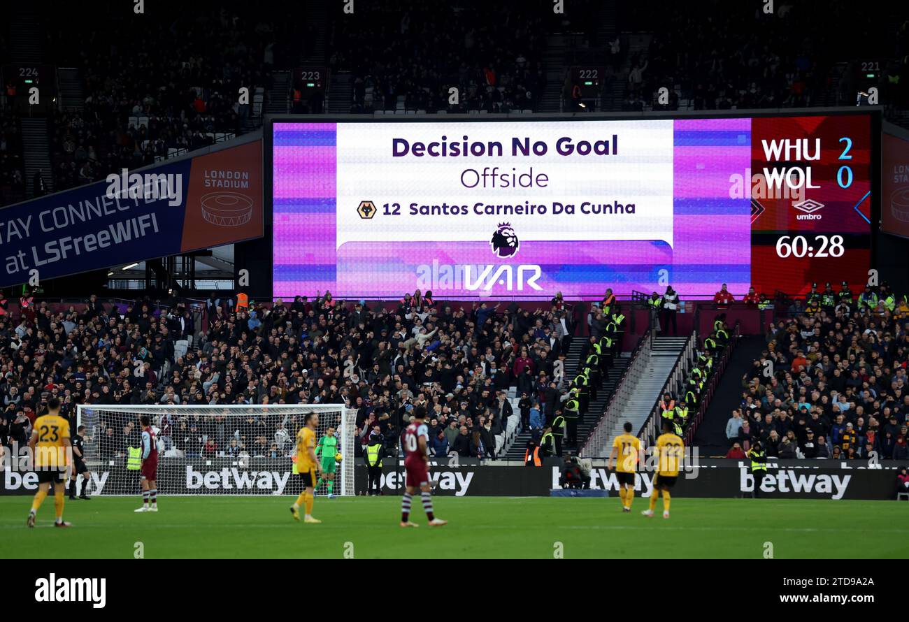 The big screen confirms a VAR check is in progress during the Premier ...