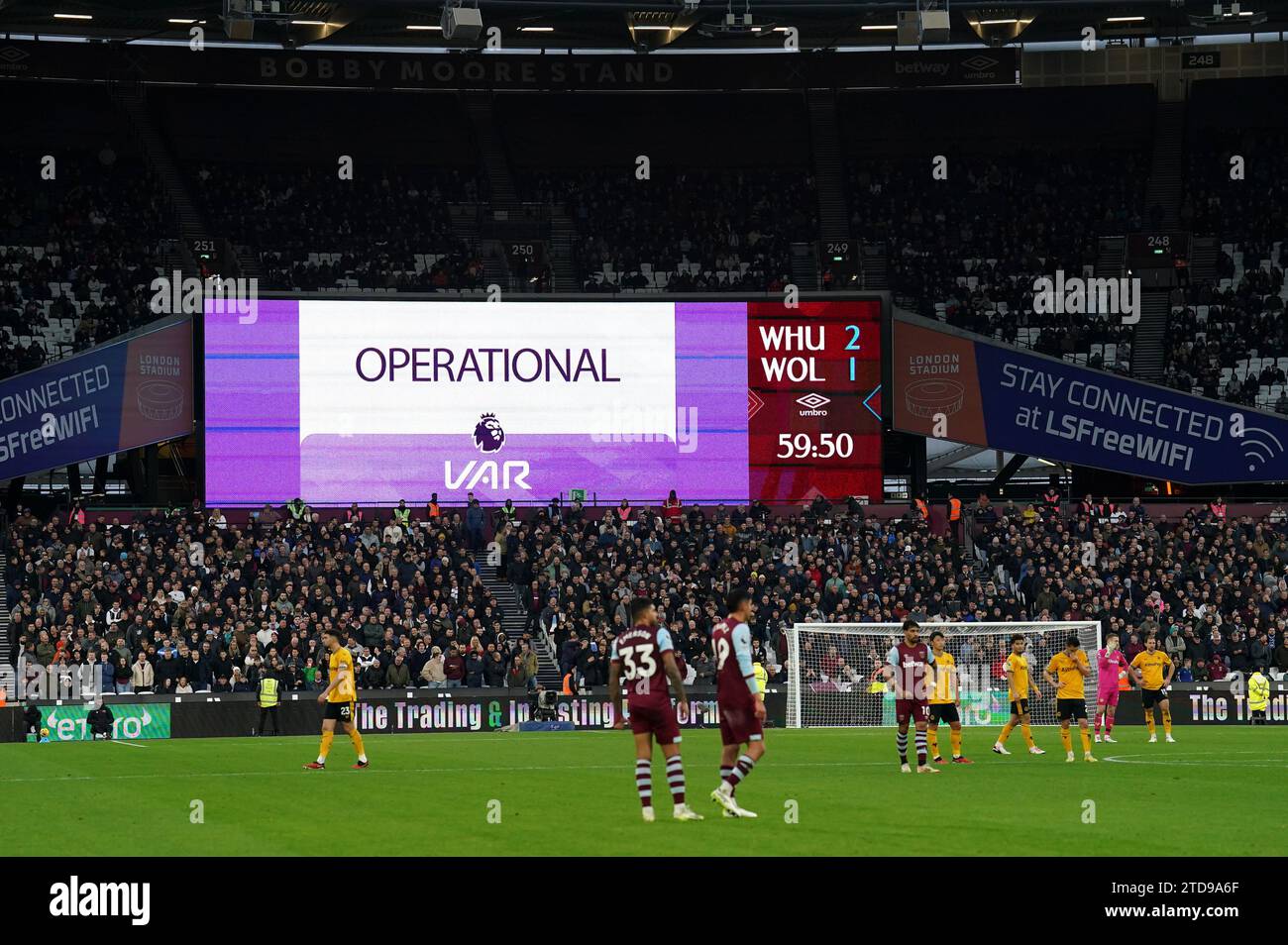 The big screen confirms a VAR check is in progress during the Premier ...