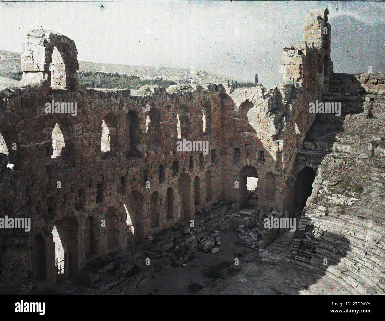 Athens, Greece Plunging view of the Odeon of Herodes Atticus (right ...