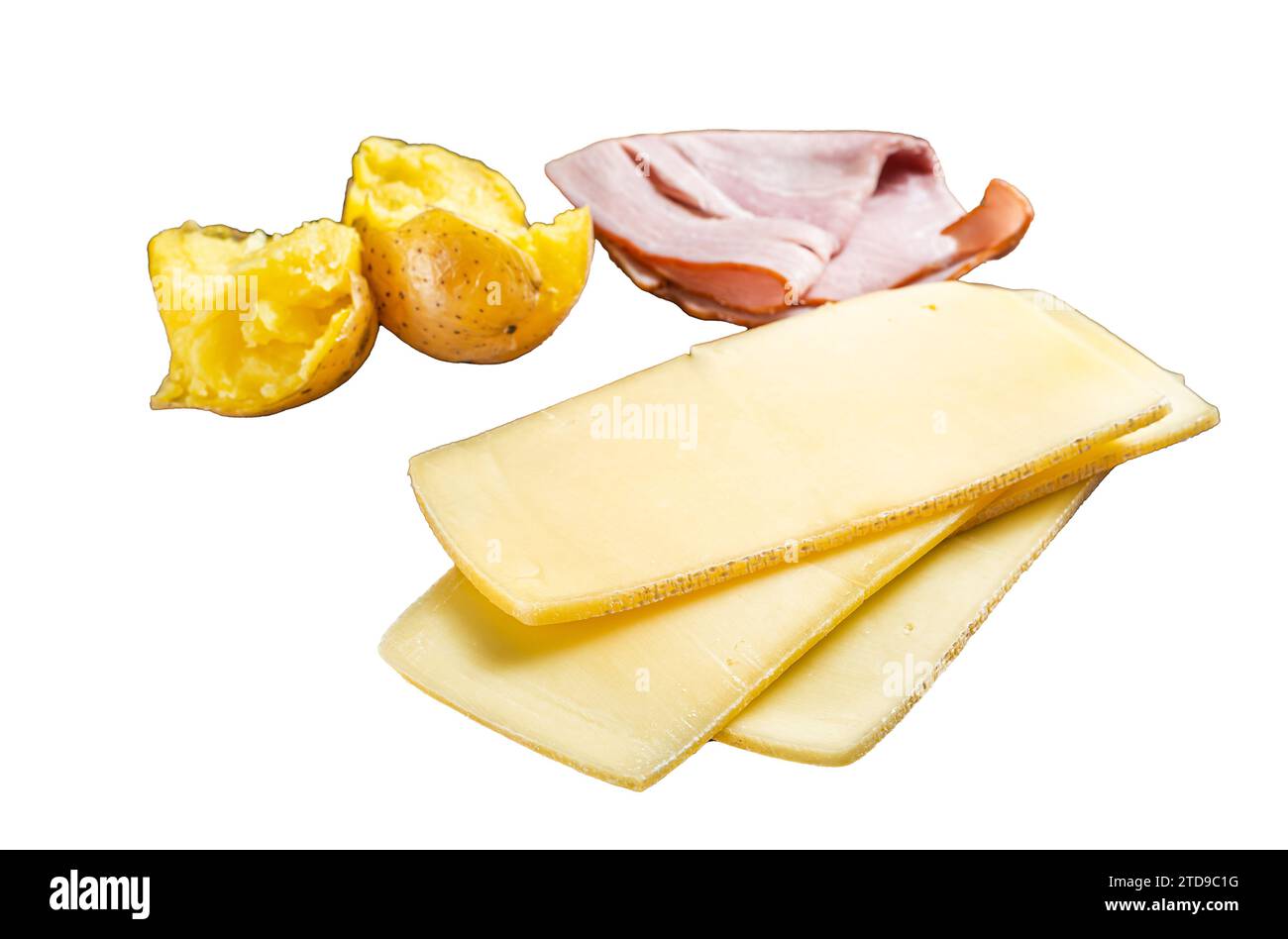 Ready for cooking Raclette Swiss cheese slices with boiled potato and ...