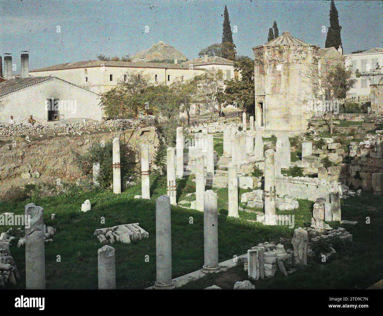 Athens, Greece Ruins of the Roman Agora and (right), the Tower of the ...