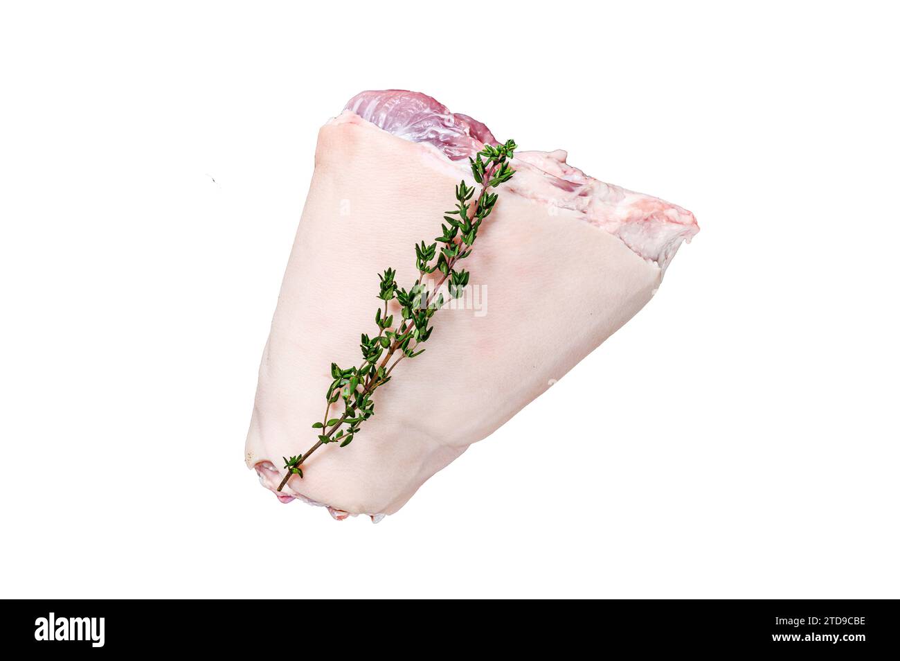 Raw Pork knuckle leg meat on kitchen table with herbs. Isolated on ...