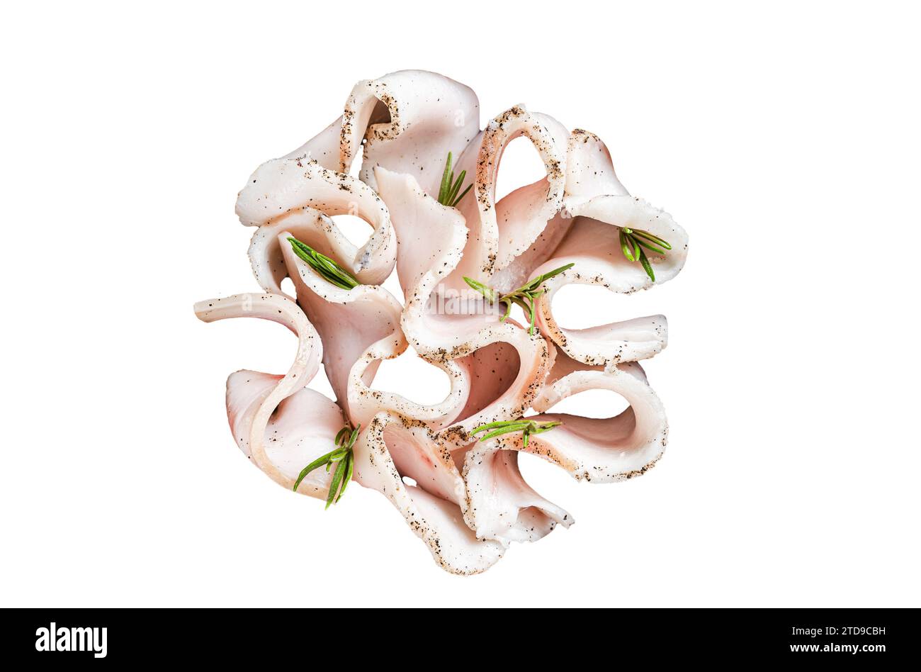 Fresh sliced lard with salt, garlic and pepper in pan with herbs ...