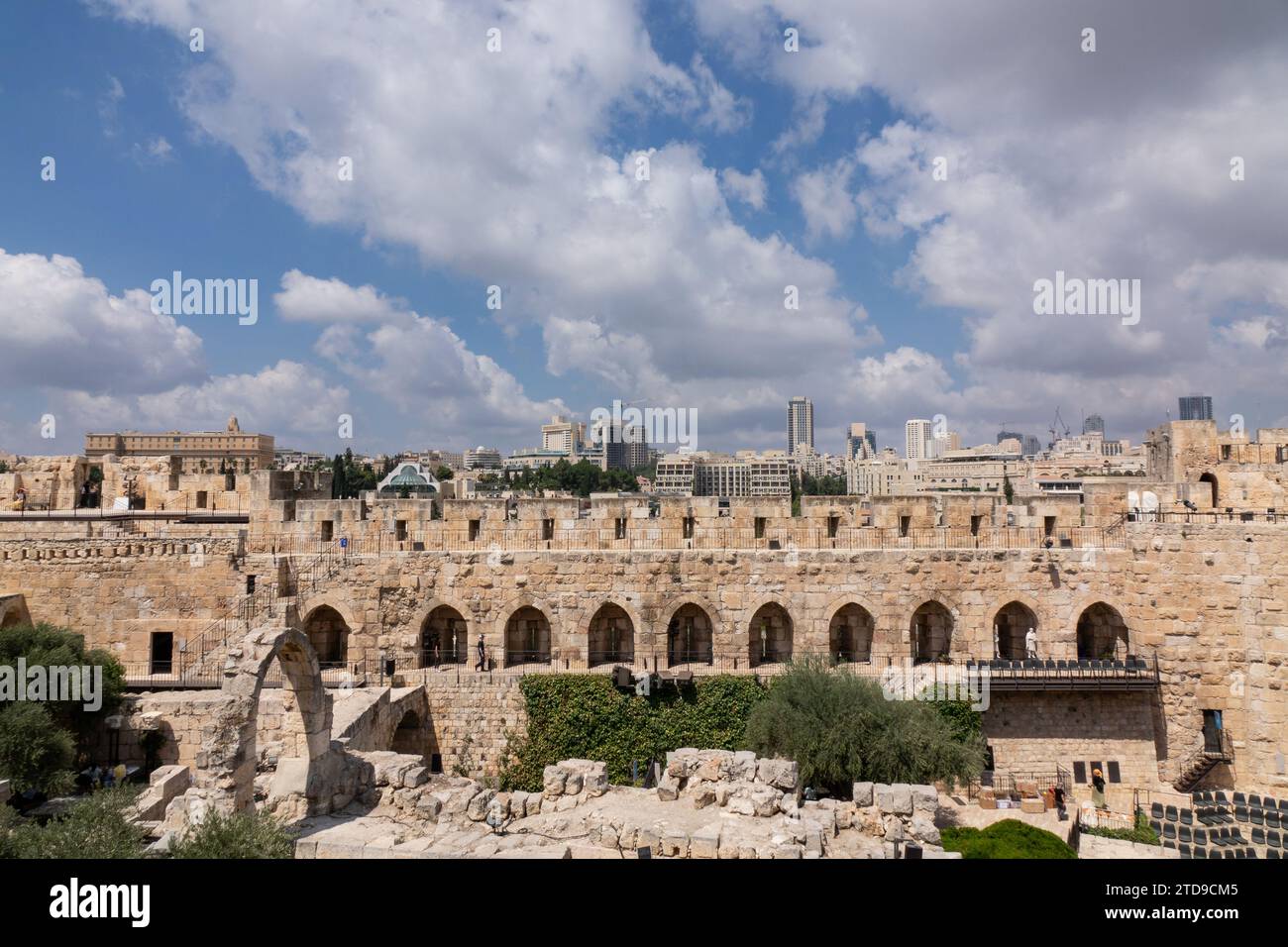 Walls of the Tower of David Museum in Jerusalem with the city of ...