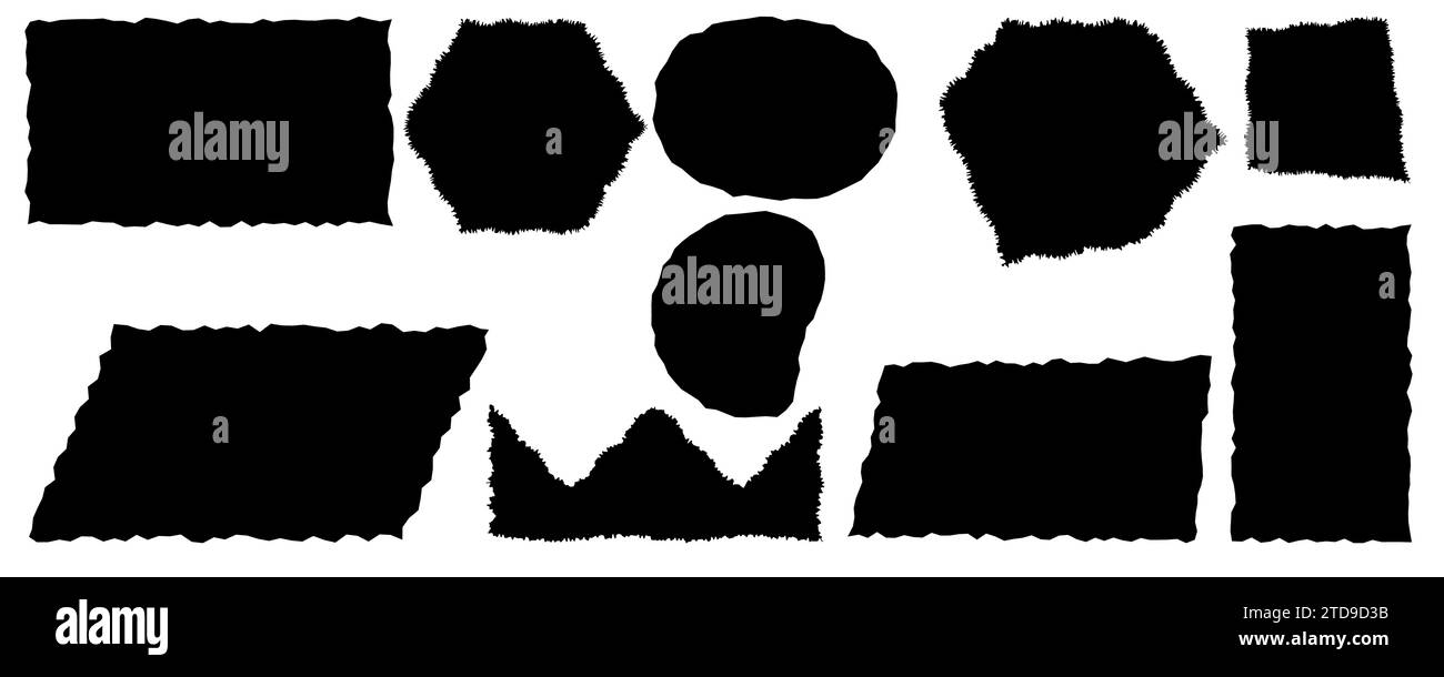 Jagged rectangles collection. Set of black grunge element, shapes with jagged edges. Torn paper ...