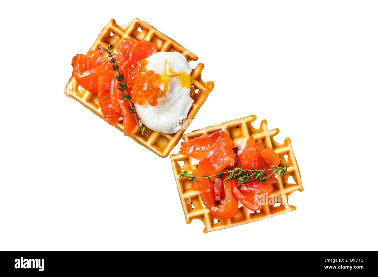 Waffle Sandwich with cream cheese, smoked salmon, egg and red caviar ...