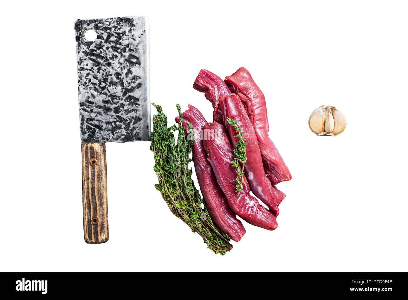 Raw lamb tenderloin Fillet Meat on butcher board with meat cleaver ...