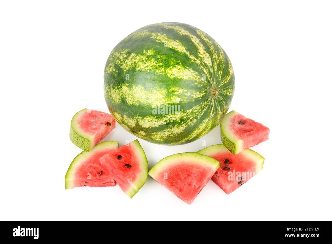 Ripe round watermelon and watermelons slices isolated on white ...