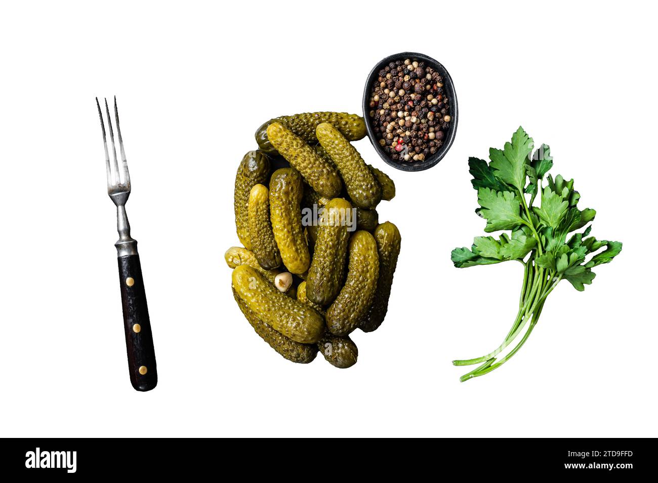 Gherkin Pickled cucumbers with garlic and spices. Isolated on white ...
