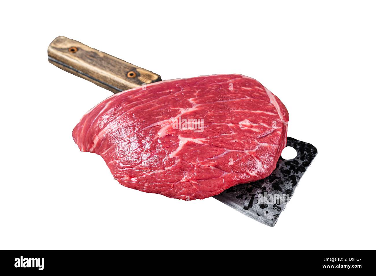 Fresh Raw rump beef cut or top sirloin cap steak on butcher cleaver ...